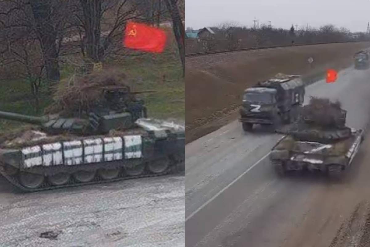 Tancurile rusești care merg spre Kiev poartă steagul roșu al URSS cu ...